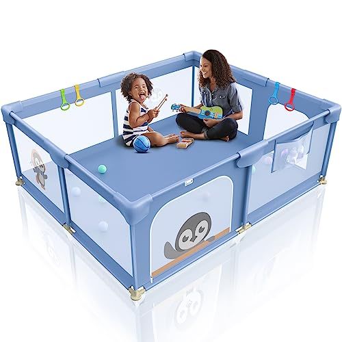 Baby Playpen for Babies and Toddlers, 71 x 59 inch Extra Large Baby Fence with Unique Little Penguin Character Design, Li'l Pengyu Soft Breathable Mesh Baby Playard for Indoor & Outdoor (Blue)