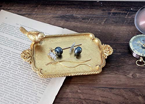 Funly mee Antique Trinket Dish Vintage Golden Metal Jewelry Tray with Bird, Ring Holder