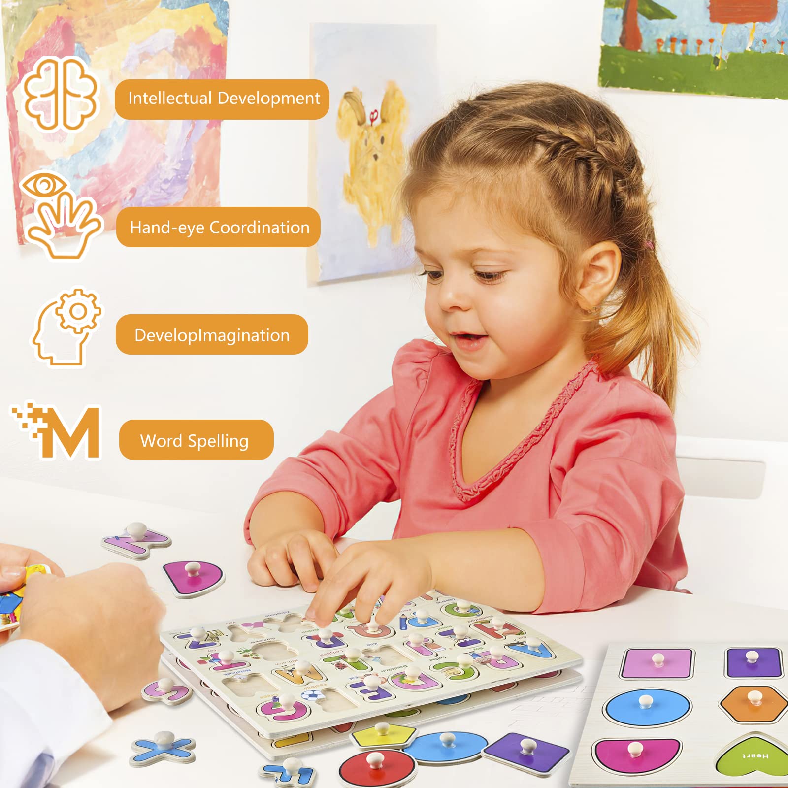 3 Pack Wooden Peg Puzzles for Toddlers 1-5, Alphabet Number Shape Blocks Preschool Educational Pegged Board for Kids 1 2 3 4 5 Years Old Gifts