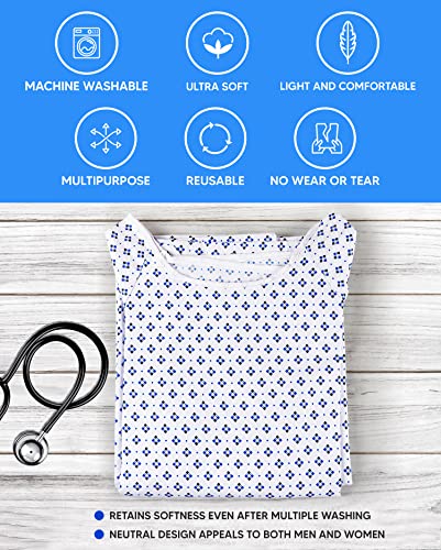 Premium 4 Pack Hospital Gown for Men and Women - Finest Cotton Blend - Back Front Tie - Fit Easily Up to XXL Size - Durable Wrinkle-Free Patient Gown - Reusable and Washable