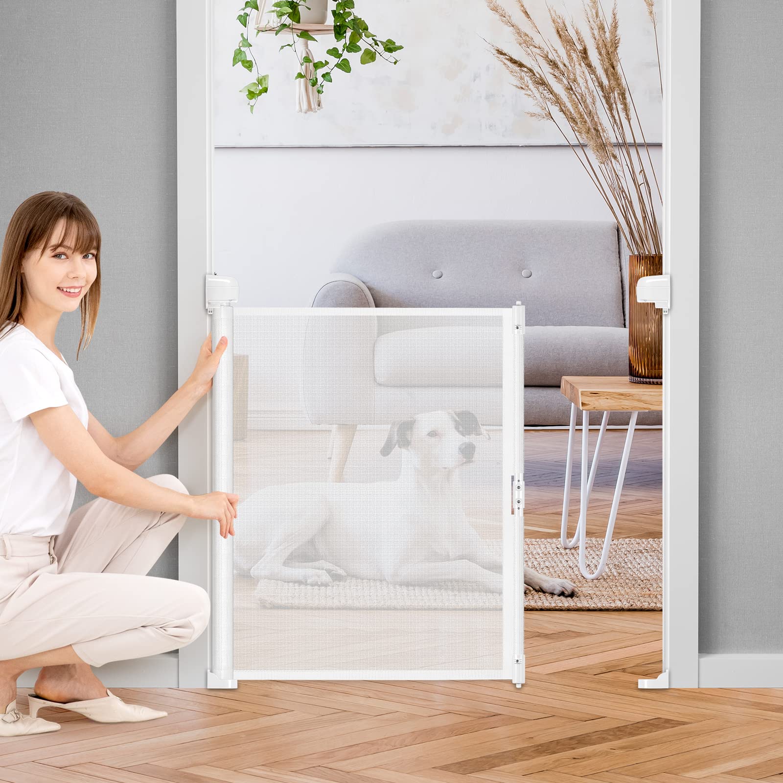 Adjustable Baby Mesh Gates for Doorways Roll Up Manually Outdoor Baby Gates for Dogs Mesh Dog Gates for The House Pet Gates for Dogs Indoor Safety Dog Gate for Stairs Child Gate for Doorway