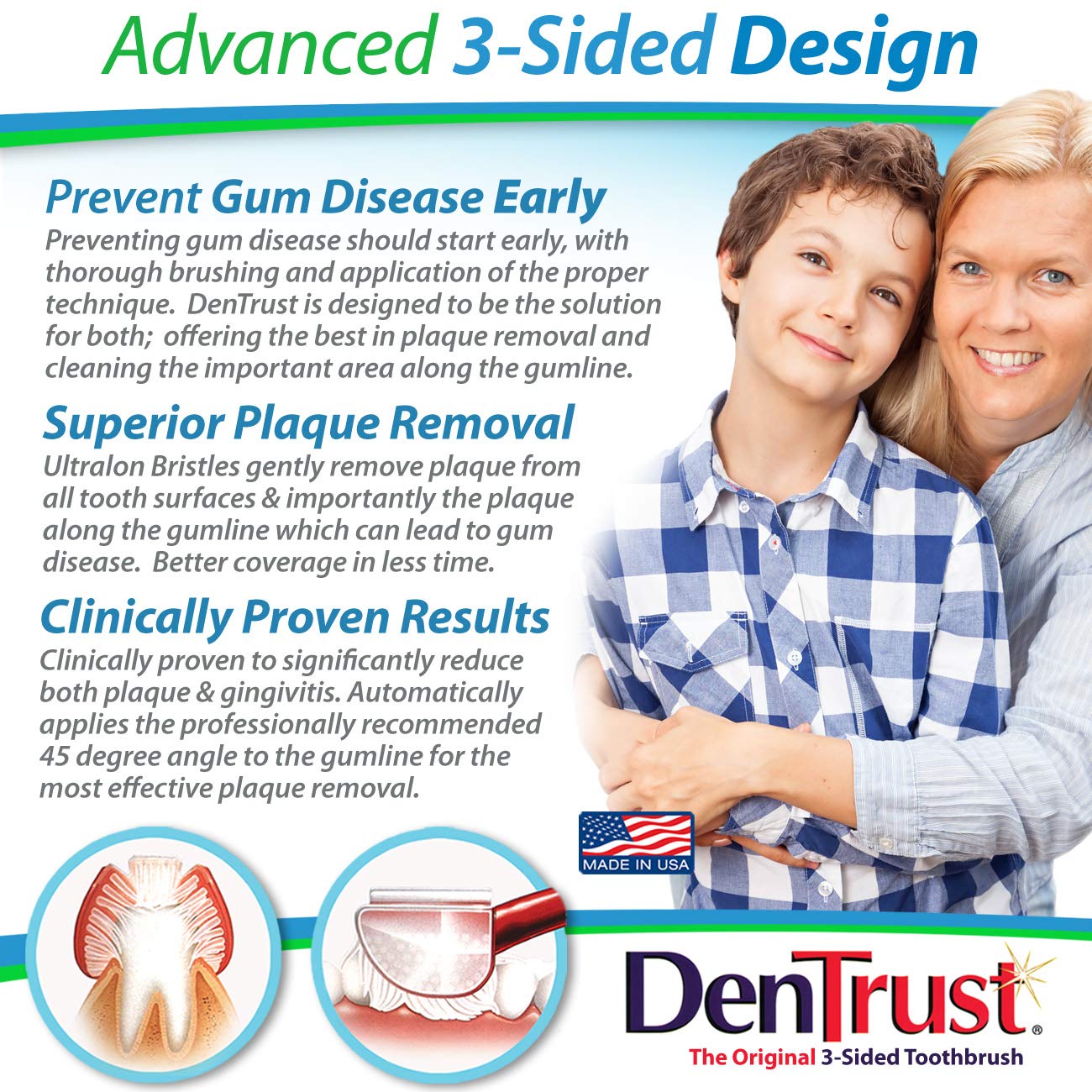 DenTrust 4-PK Triple Clean 3-Sided Toothbrush | Made in USA | Easily Brush Better | for Kids Children Autism Special Needs Braces Orthodontics