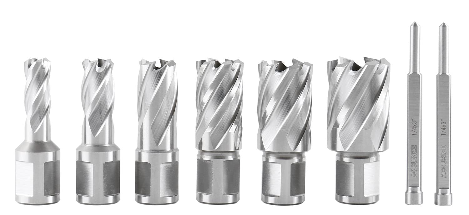 Accusize Industrial Tools Hss Professional Annular Cutter Set 1'' Cutting Depth, 7/16'' to 1-1/16'' with 3/4'' Weldon Shank, 8 Pc Set, HSS1-0000