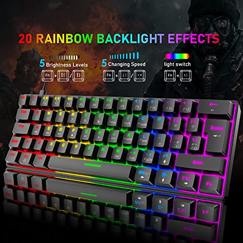 60% True Mechanical Gaming Keyboard Ultra-compact with 20 Rainbow Backlit Type C Wired Programmable 62 Keys Tactile Blue Switch Waterproof Non-Conflict and Gaming Mouse Pad for PC/Laptop/PS5(Black)