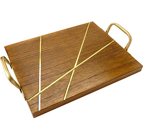 Excello Global Products 13"x17" Inlaid Wood Serving Tray with Metal Handles: Rustic Wooden Board Platter for Liquor Food Dinner Restaurant, Decorative Tray for Coffee Table