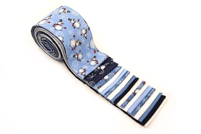 24 Pieces Fabric Cute, Beautiful 2.5 inch Snowmen & Snowflakes Jelly Roll, Cute 100% Cotton Fabric Quilting Strips, 2.5" Blue Winter Fabric