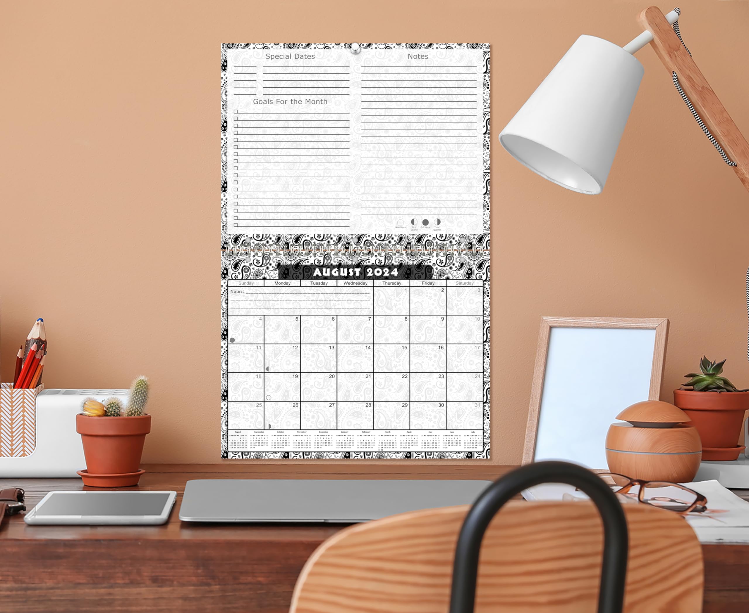 2024-2025 Academic Year 12 Months Student Calendar/Planner for Wall & Desk & 3-Ring Binder, for School, Teacher, Student (Black&White Paisley Edition #010)