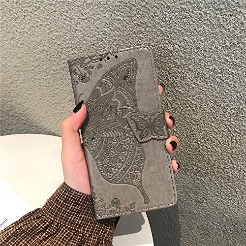 COTDINFORCA Case for Redmi Note 9 Pro, Redmi Note 9S Case Flip Card Cash Leather Wallet Case Embossed Butterfly PU Shockproof Case Cover for Xiaomi Redmi Note 9 Pro Max SD Flower Butterfly Gray