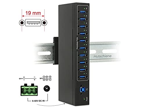DeLOCK External Industry Hub 10 x USB 3.0 Type-A with 20 KV ESD Protection - Hub - 10 x SuperSpeed USB 3.0 - DIN Rail Mountable - Wall Mountable - DC, Black
