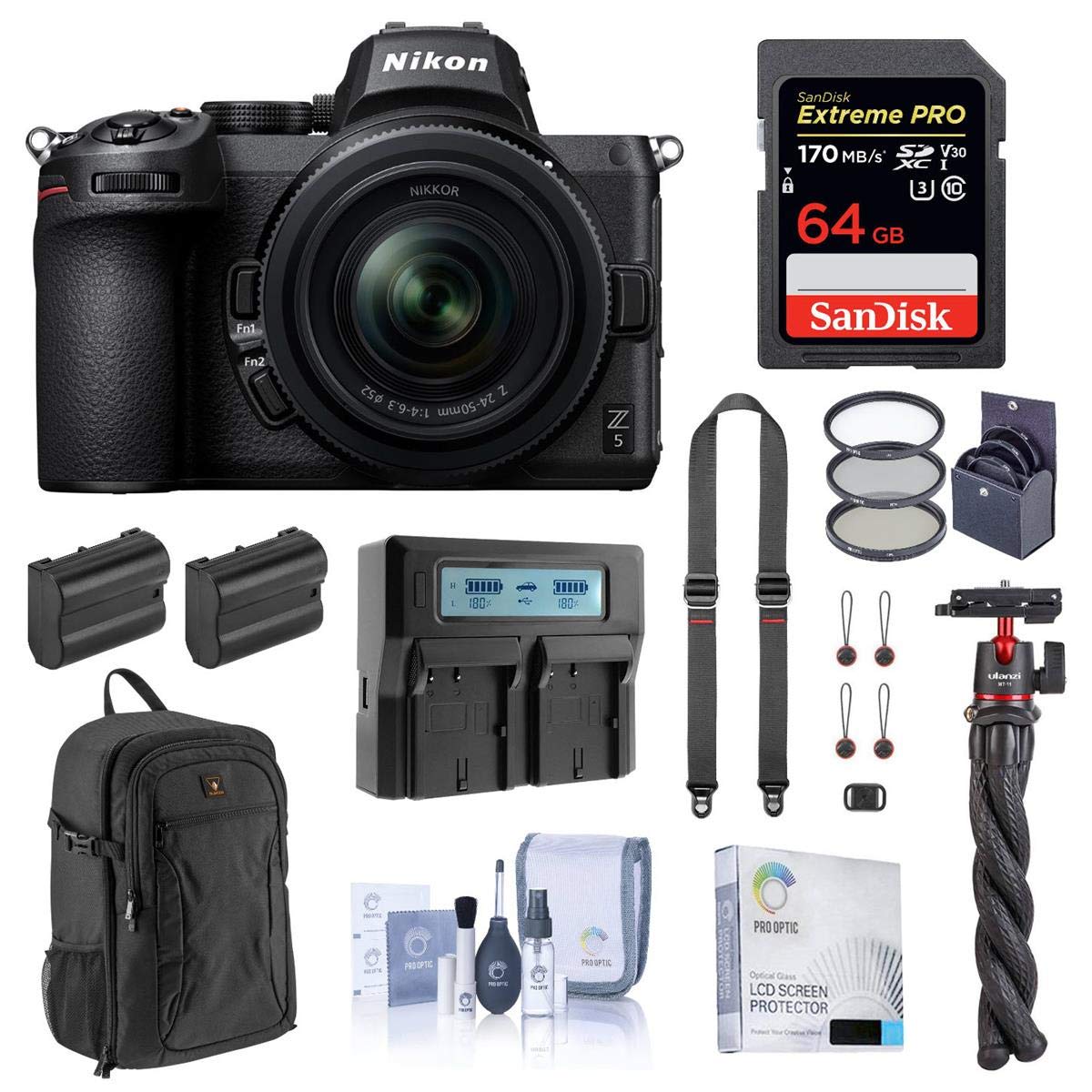 Nikon Z5 Full Frame Mirrorless Camera with 24-50mm Lens Bundle with 64GB SD Card, Backpack, 2 Extra Battery, Dual Charger, Neck Strap, Octopus Tripod, Filter Kit and Accessories