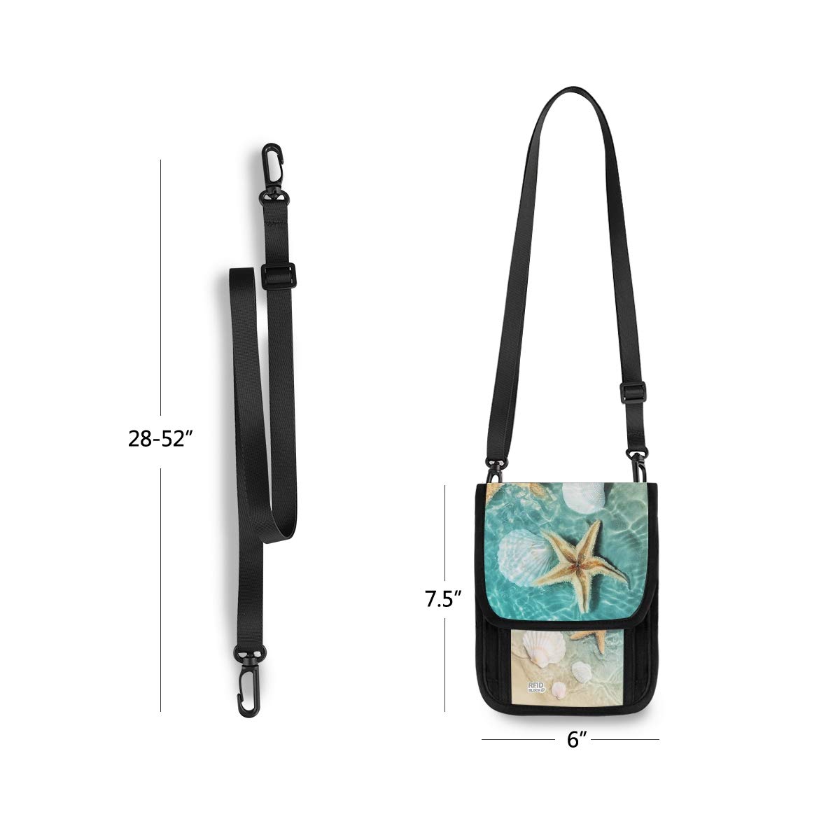 ALAZA Starfish And Seashell On The Summer Beach Small Crossbody Wallet Purse Cell Phone Bag Rfid Passport Holder with Credit Card Slots