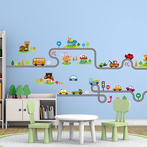 Amaonm Removable Cute Cartoon Kids Room Wall Decal DIY Vinyl City Car Circled Curved Road Wall Stickers Decor for Children Babys Bedroom Studyroom Playroom Nursery Room School (A)