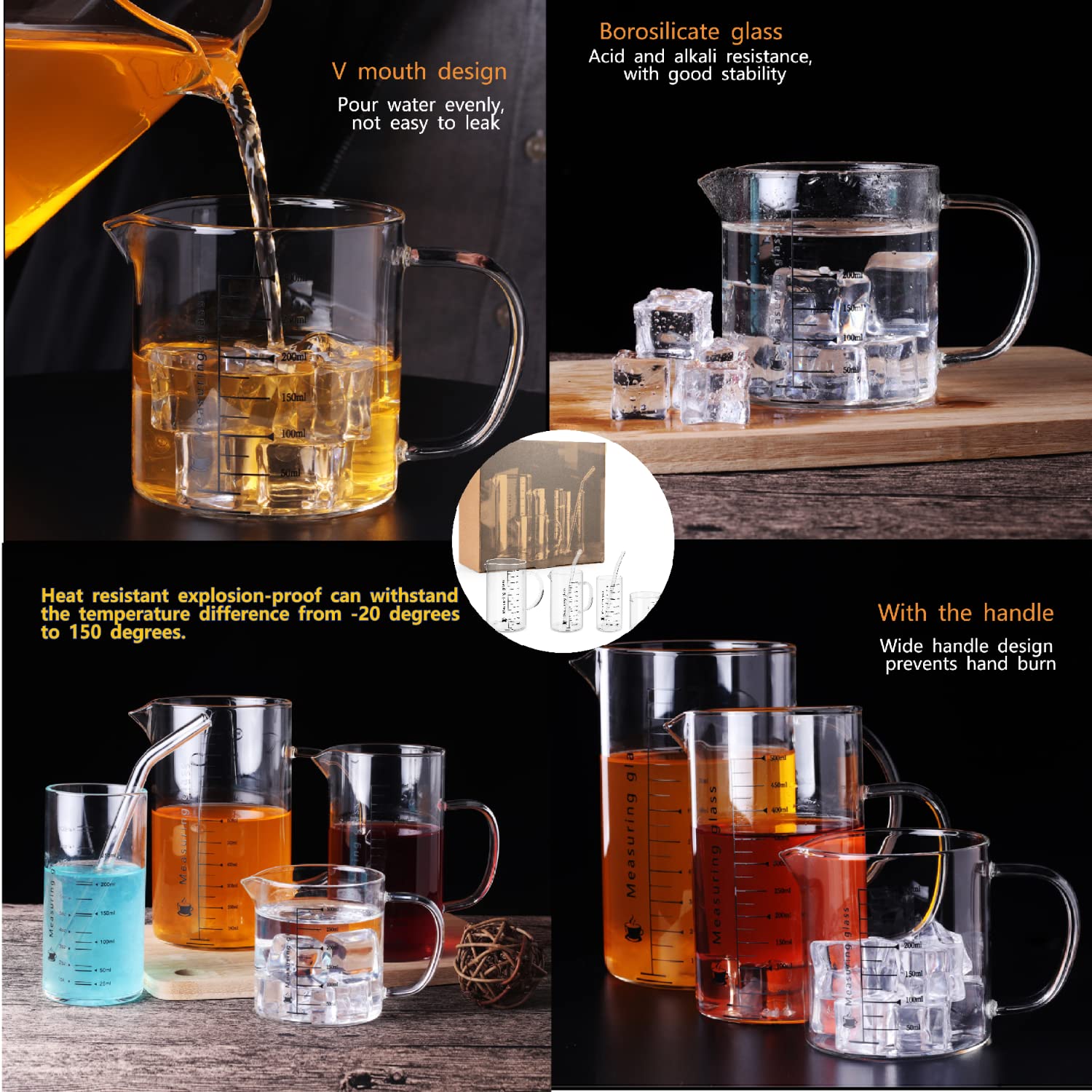 Lab Measuring Glass Beaker Set - Borosilicate Glass Beaker with Handle and gate,4 beakers and 2 Glass Straws, High and Low-Temperature Resistance