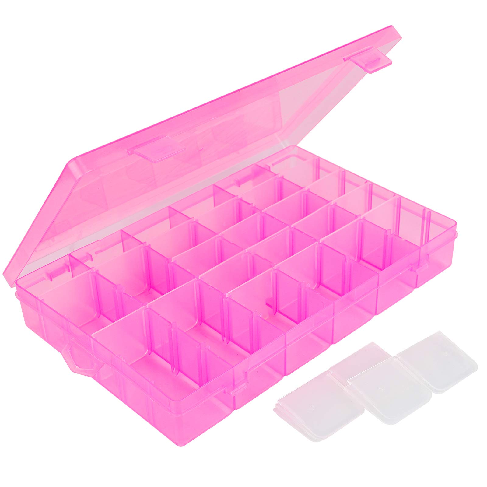False Nail Container, Cosics Bright Pink 36-Gird Plastic Nail Art Organizers Storage Box with Adjustable Dividers, False Jewelry Diamonds Charms Nail 3D Decorations Manicure Accessory Holder Case