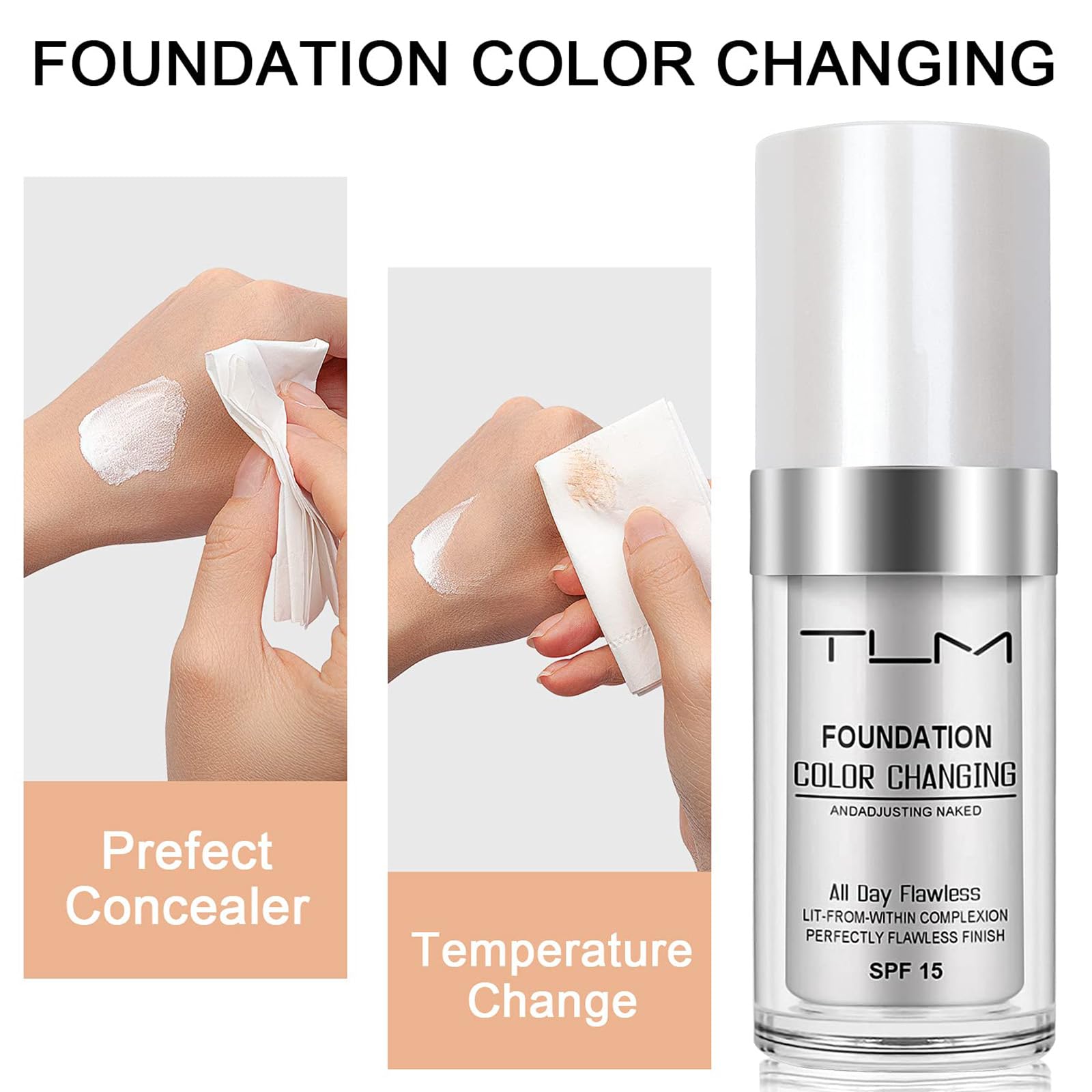 2 PACK TLM Color Changing Foundation Liquid Base,TLM Concealer Cover Cream,All Day Flawless Warm Skin Tone BB Cream Makeup Base Concealer for All Skin SPF15