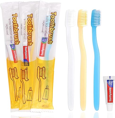 30 Pack Disposable Toothbrushes with Toothpaste, Individually Wrapped Disposable Toothbrushes Bulk Toothbrushes Medium Soft Bristle, Manual Travel Toothbrush Kit for Travel Hotel Guest, 3 Colors