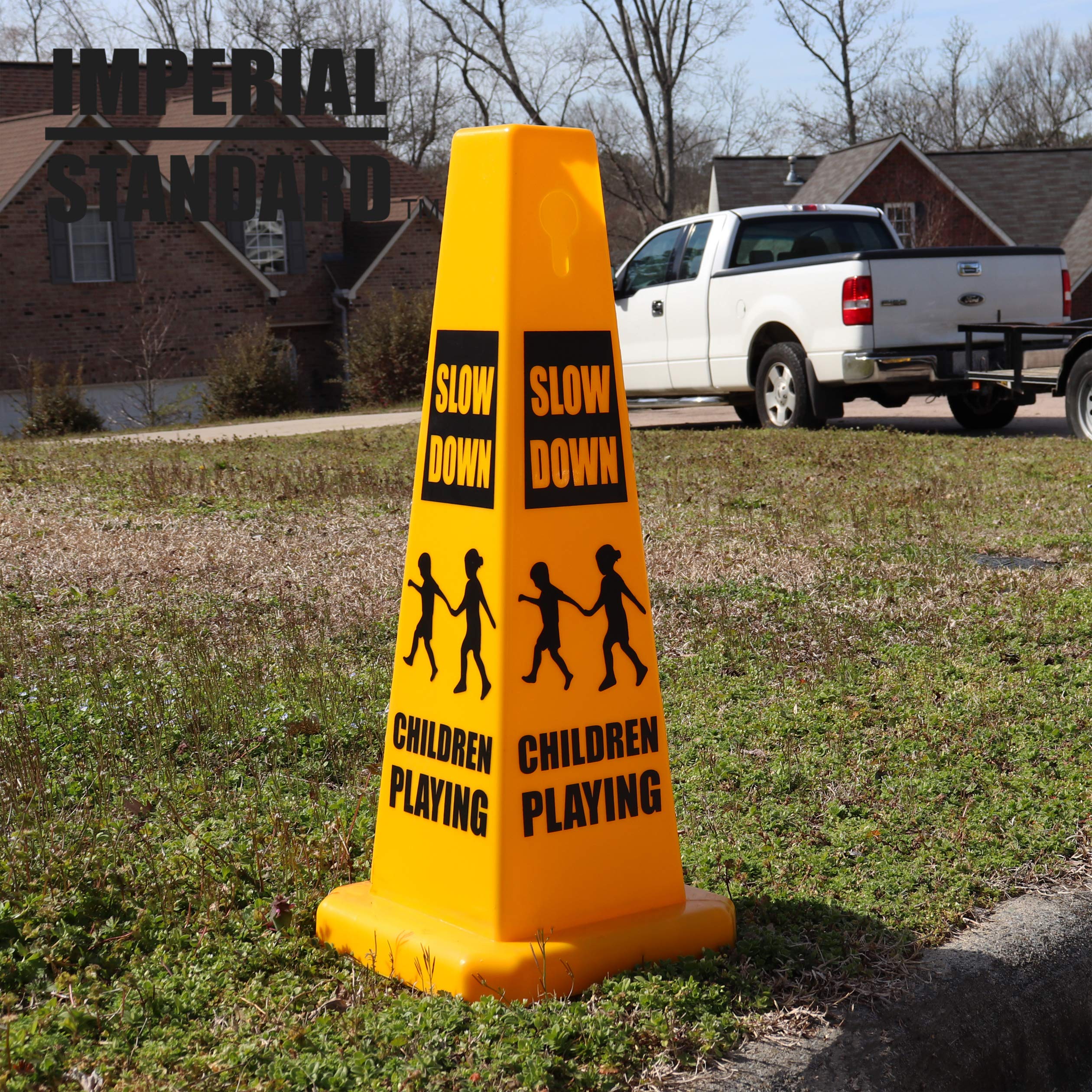 Imperial Standard Children Playing Cone (2 Pack) - Children at Play Sign - Four-Sided Slow Down Kids Cones - Child at Play Signs - Drive Slow/Kid Alert Sign