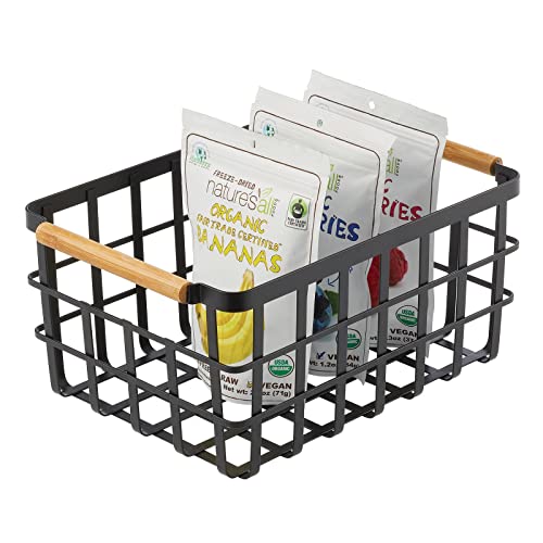 mDesign Metal Wire Food Organizer Storage Bin Basket with Bamboo Handles for Kitchen Cabinets/Pantry Organizing - Farmhouse Decor - Yami Collection - 4 Pack - Matte Black/Natural