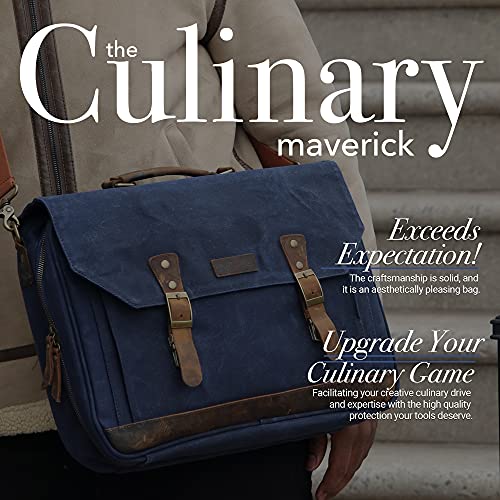 Chef Messenger Knife Bag | Waxed Canvas Chef Knife Bag | Waterproof Material | Chefs Case with 24+ Pockets for Knives & Utensils | Culinary Gifts For Chefs & Students | Sturdy Travel Chef Bag (Blue)