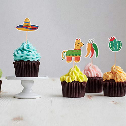 24 Pcs Mexican Fiesta Cupcake Toppers Decoration With Cactus Donkey Taco Pepper Sombrero Mustache Party Decorations