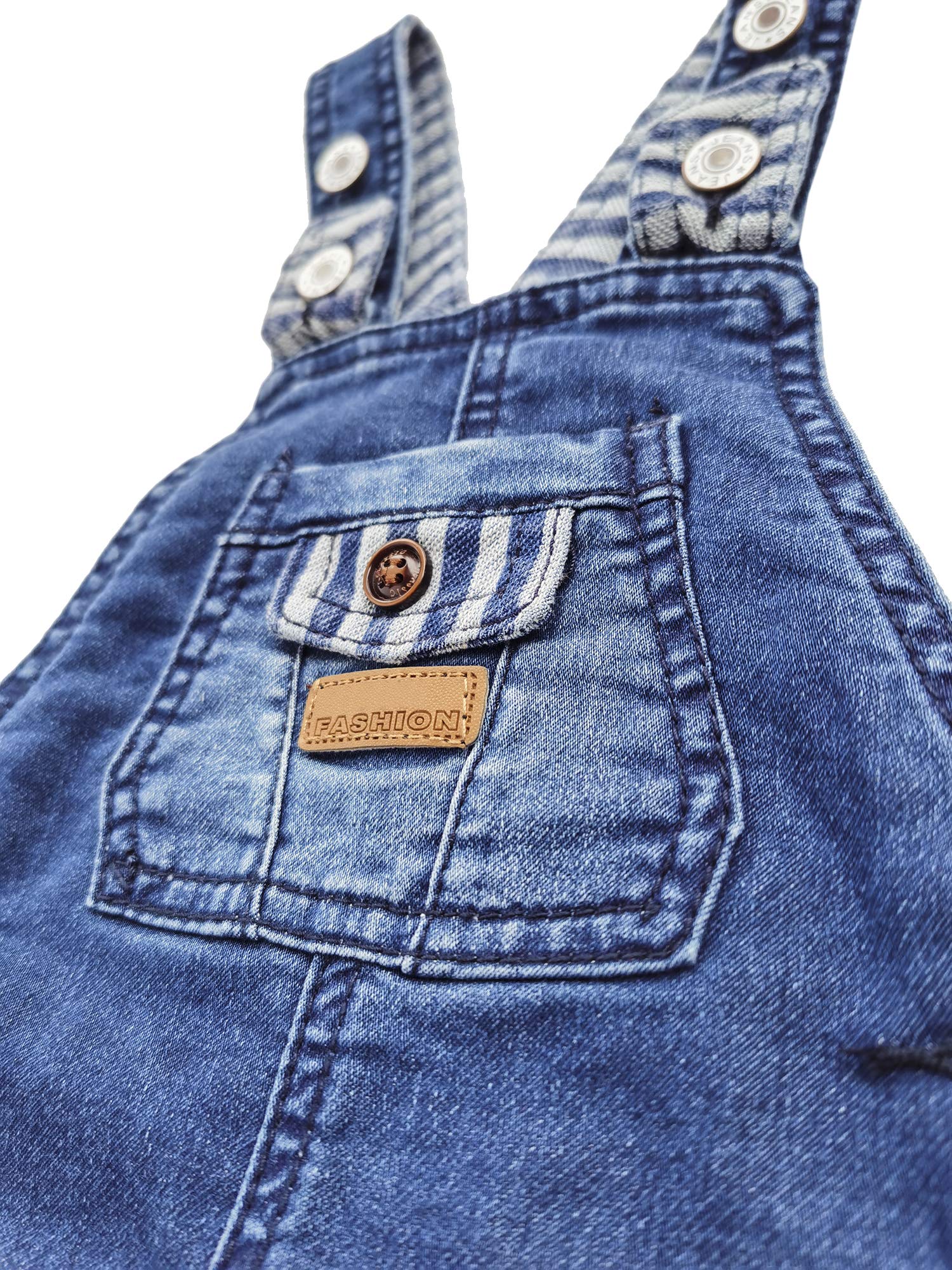 KIDSCOOL SPACE Baby Boys Easy Diaper Changing Snap Legs Bib Pocket Patched Denim Overalls,Blue,18-24 Months