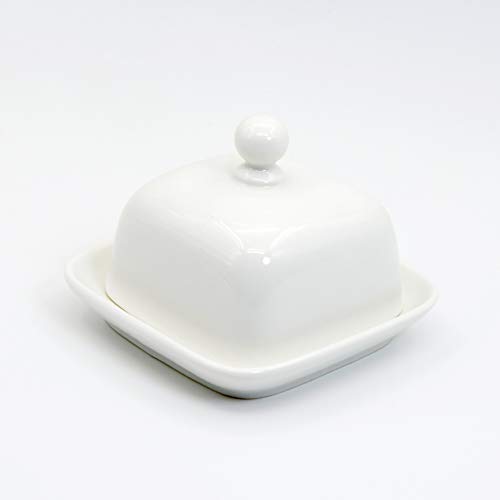 NAGU Mini Square Butter Dish with Lid, White Procelain Domed Cheese Dish with Handle Individual Serving Small Butter Tray, Cute Ceramic Dessert Serving Bowl for Table, Countertop, Refrigerator