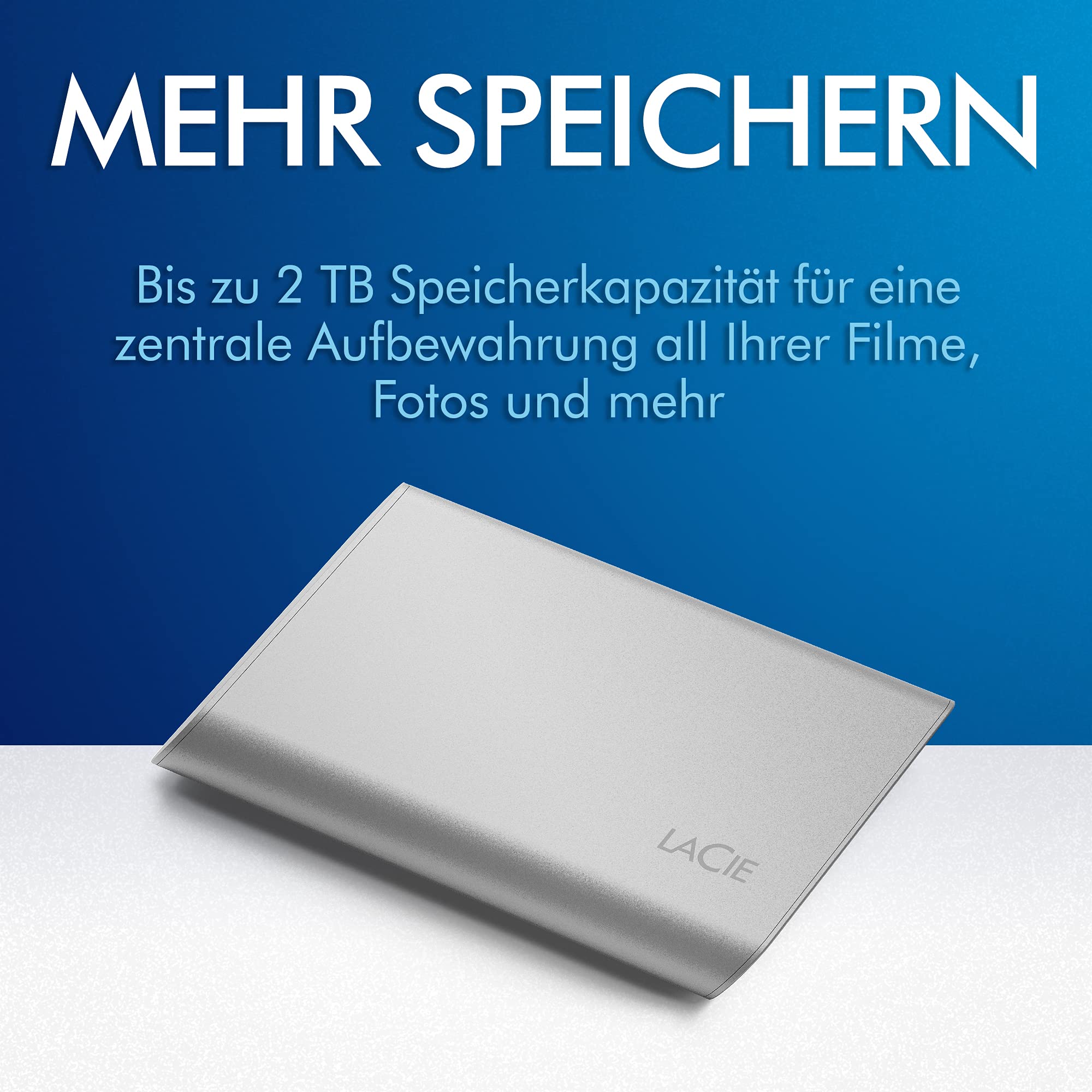 LaCie Portable SSD 2TB External Solid State Drive - USB-C, USB 3.2 Gen 2, speeds up to 1050MB/s, Moon Silver, for Mac PC and iPad, with Rescue Services (STKS2000400)