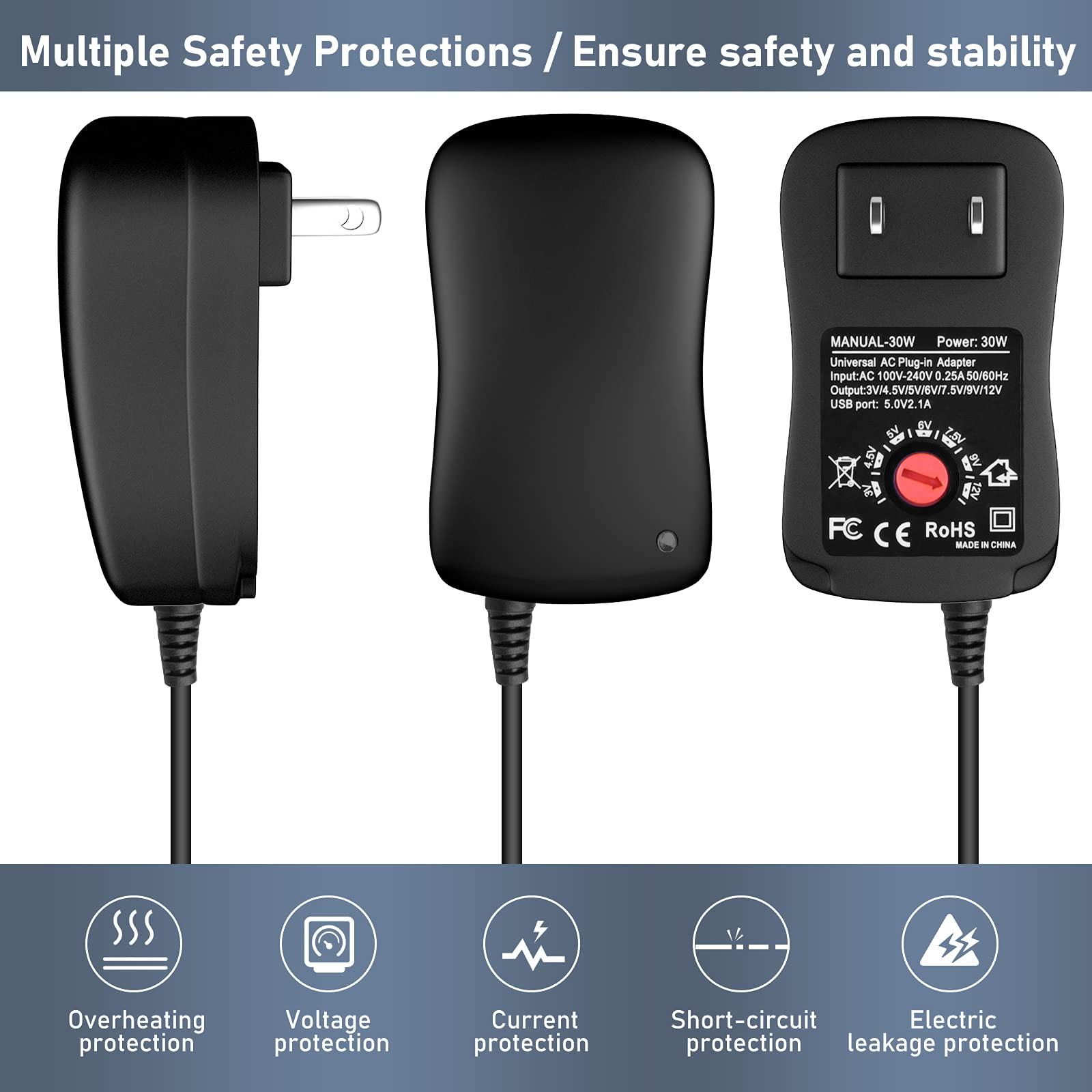 Universal AC Adapter, 30W Universal 3V 4.5V 5V 6V 7.5V 9V 12V AC/DC Adapter Switching Power Supply with 8 Selectable Adapter Head, for 3V to 12V Household Electronics - 2500mA Max