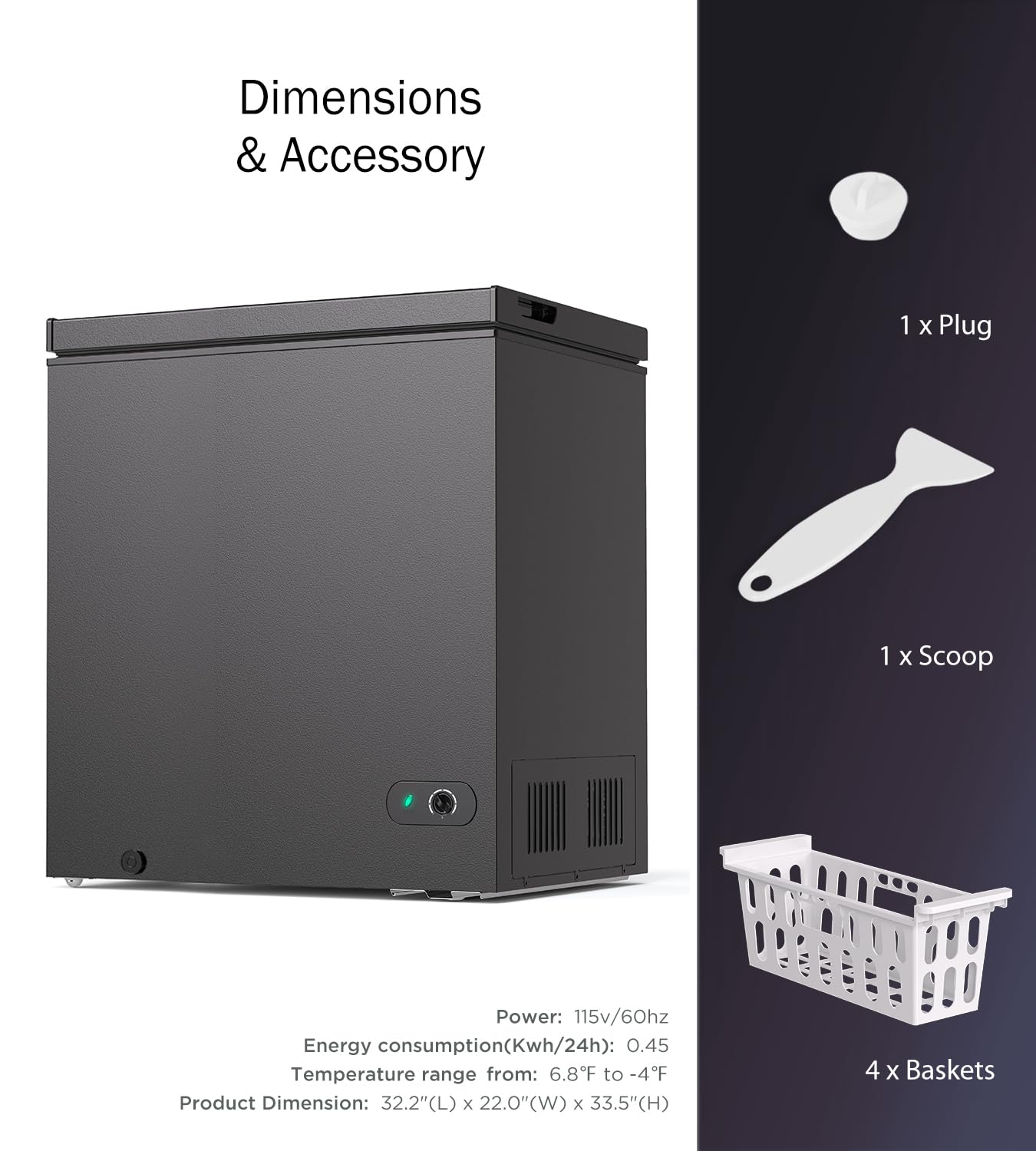 ADT Chest Freezer Free-Standing Top Door Freezers 6.8℉ to -4℉ (Matte Black, 7.0 Cubic Feet)