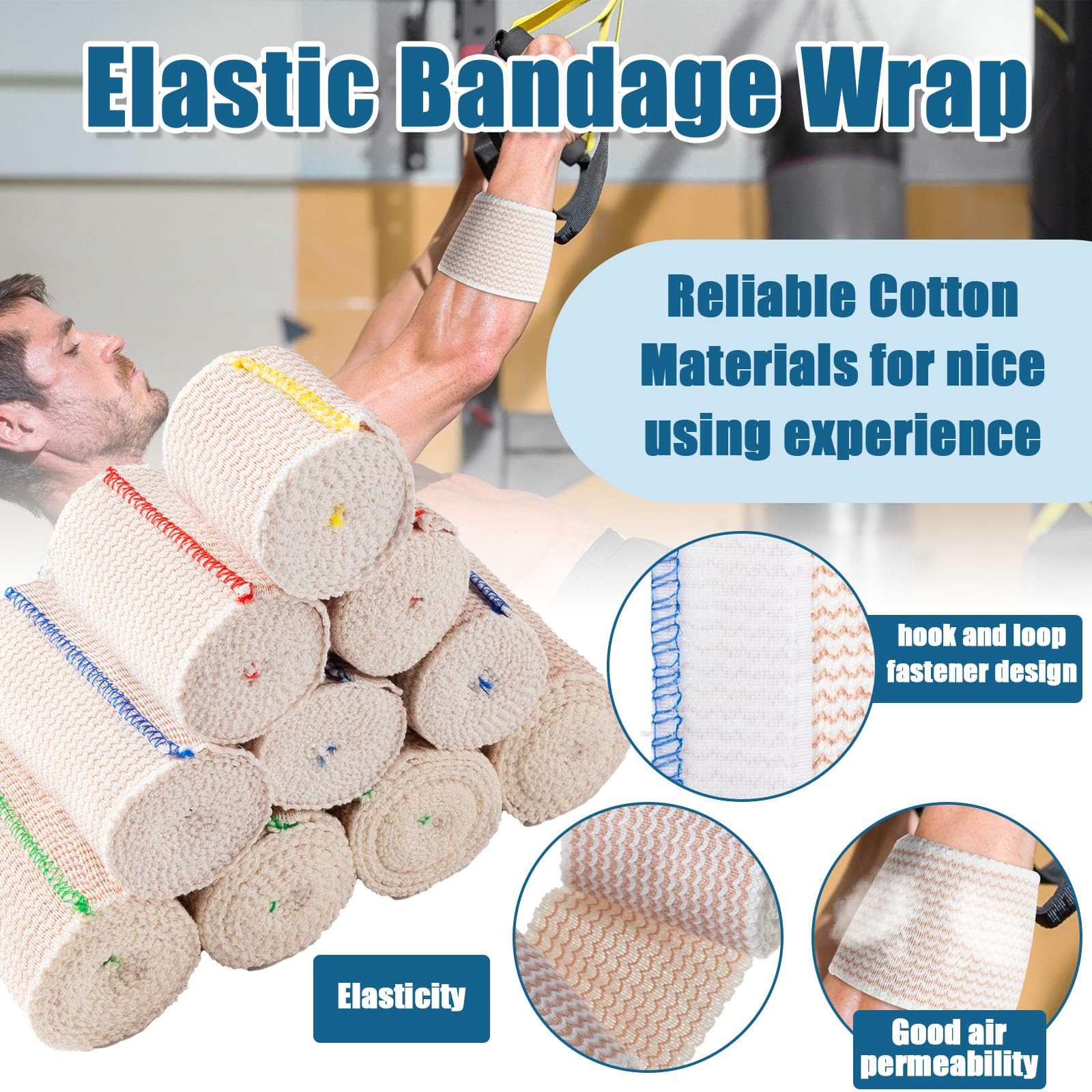 24 Rolls Elastic Bandage Wrap with Self Closures Comfort Cotton Athletic Compression Roll Hook Loop Fasteners Compression Bandage Compression Wrap for Ankle Knee Sprains Injuries, 2'', 3'', 4'', 6''