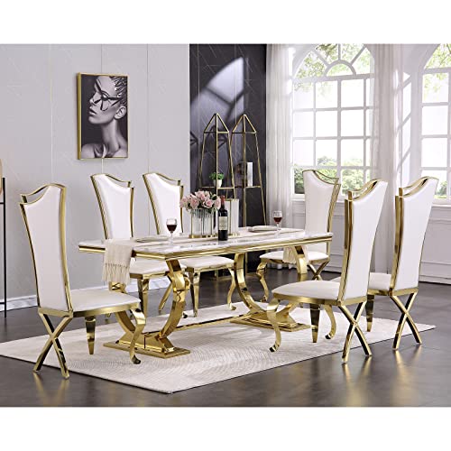 ACEDÉCOR 7 Piece Dining Table Set, Gold Kitchen and Room Sets for 6, Metal Circling Base Table in White Gold, White Leather Upholstered Chairs with Stainless Steel Legs White Table With White Chairs