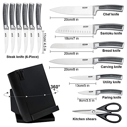 Knife Set, 14-Piece German Steel Kitchen Knife Block Sets with Built-in Sharpener, Rotating Block