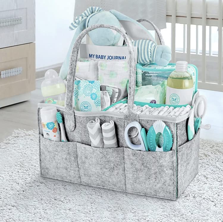 Baby Diaper Caddy Nursery Storage Bin and Car Organizer for Diapers and Baby Wipes Grey