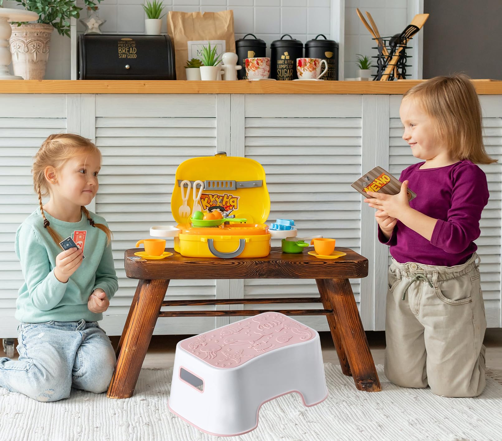 A+KCEYON Step Stool for Kids, Cute Design Child Toddler Step Stool for Potty Training, Bathroom Sink, Kitchen Counter, Non-Skid, Sturdy and Lightweight (Pink-Ocean Motif)