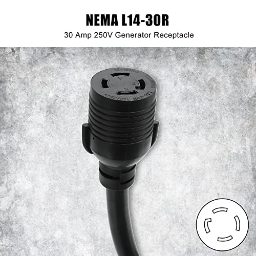 30 Amp RV Generator Transfer Switch Adapter Cord with Grip Handle, NEMA TT-30P to L14-30R Adapter Cord, 125/250V 3 Prong to 4 Prong Generator Plug Adapter, Generator to House Inlet Box, STW 10 AWG