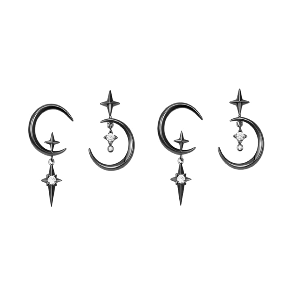 2 Pairs Moon Star Stud Earrings Punk Simple Cool Asymmetric Earrings with Rhinestone Boho Black Moon Earring for Women Girl Teens