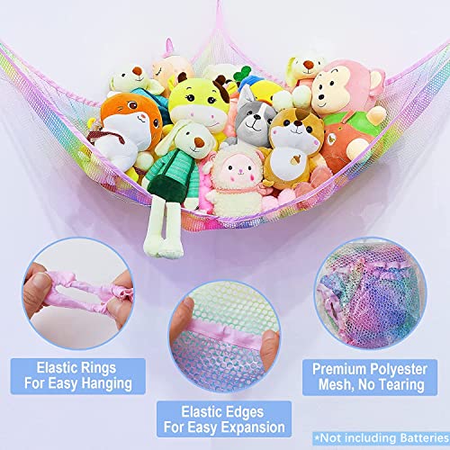 Basumee Stuffed Animals Net or Hammock with LED Light Hanging Toy Net Hammock for Stuffed Animals Storage Stuff Animals Hammocks for Nursery Kids Room with Remote Control, 8 Kinds of Lights, Rainbow