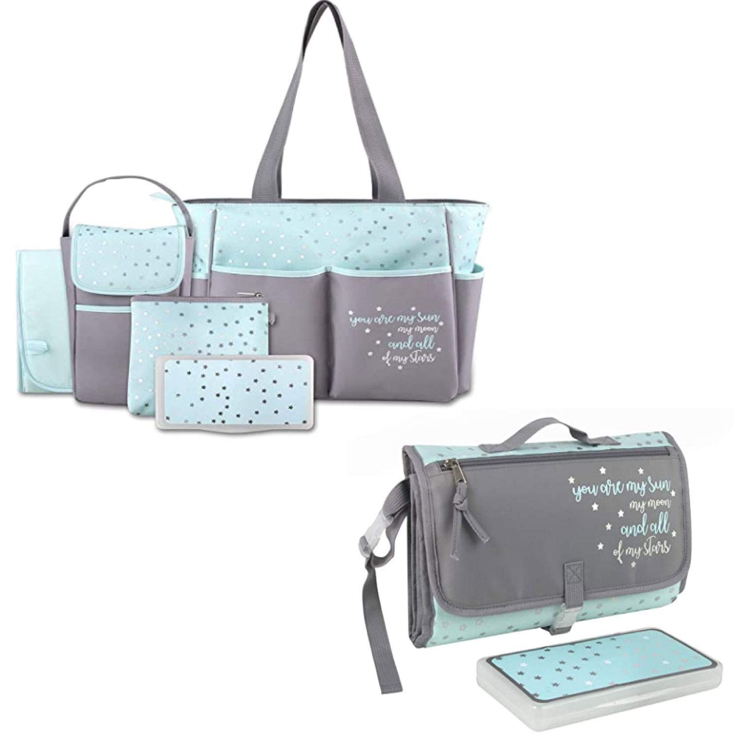 Diaper Bag Tote 5 Piece Set with Sun, Moon, and Stars and Baby Portable Changing Pad, Diaper Bag, Travel Mat Station Gift Set