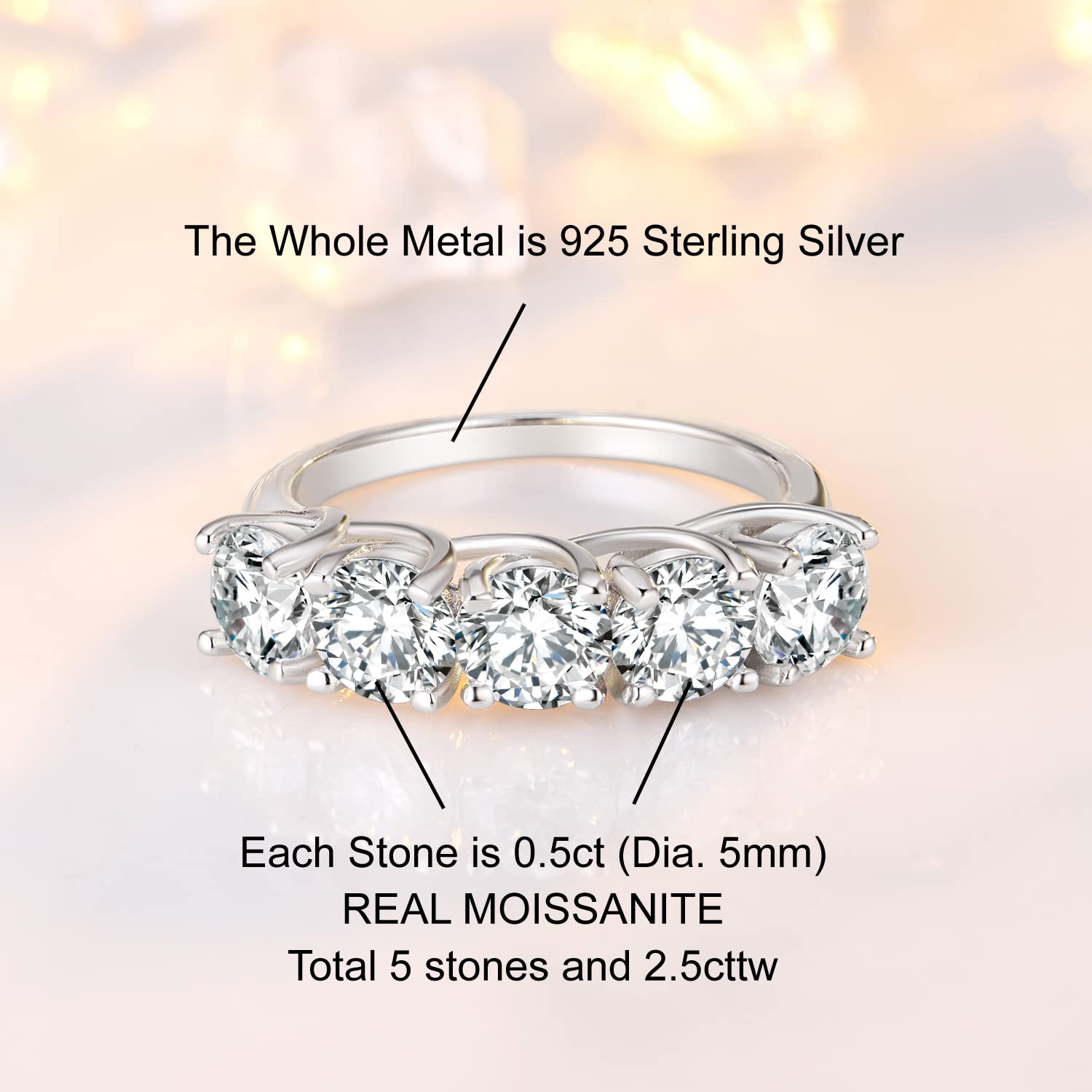 2.5ct Moissanite Engagement Wedding Ring for Women, 5 Stones 925 Sterling Silver D Color VVS Diamond Promise Ring with Certificate of Authenticity (6.5)