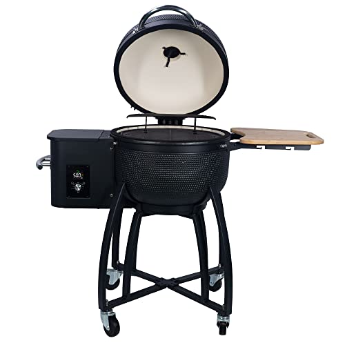 24" Ceramic Pellet Grill with 19.6" Diameter Gridiron Double Ceramic Liner 4 in 1 Smoked Roasted BBQ Pan-roasted for Outdoors Patio, Black