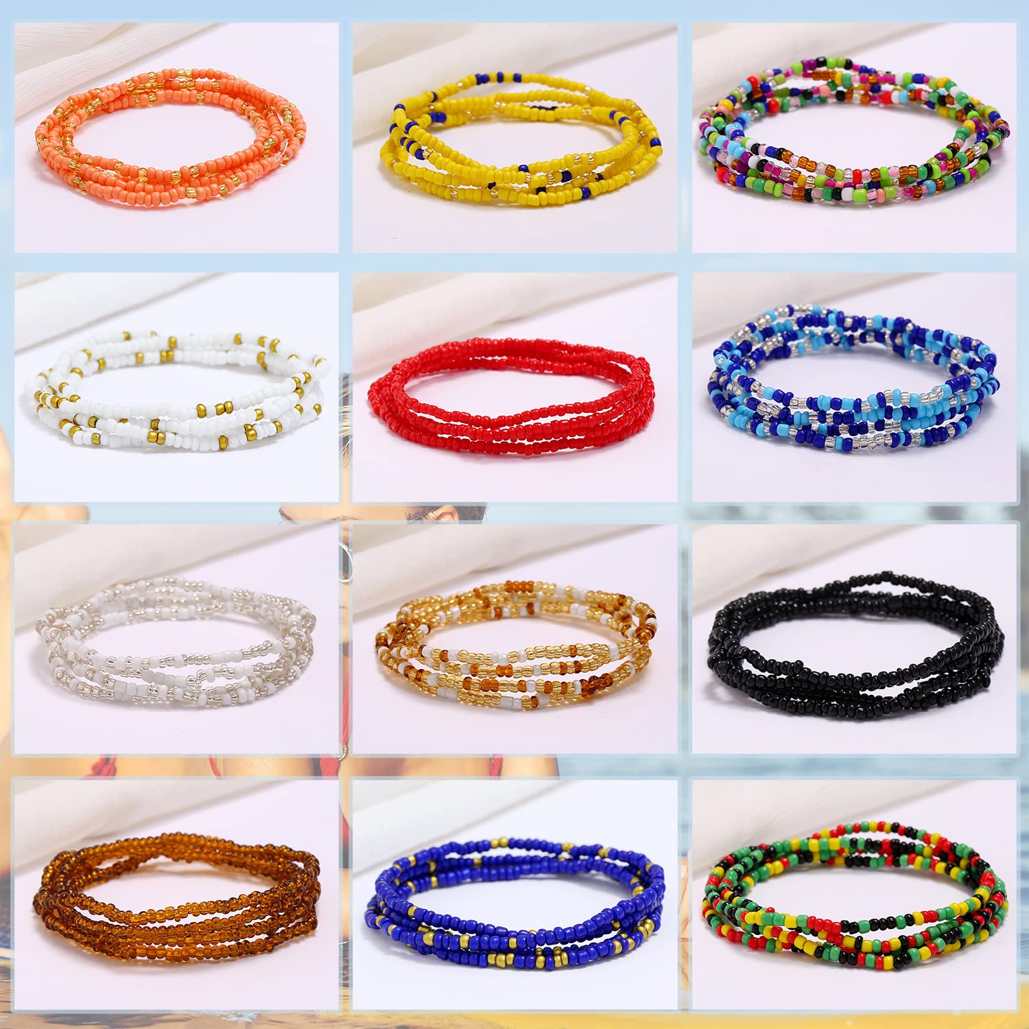 24 Pieces Waist Beads for Women Colorful Beaded Body Chain Elastic String Waist Chain Beach Bikini Belly Chains Summer Jewelry for Women