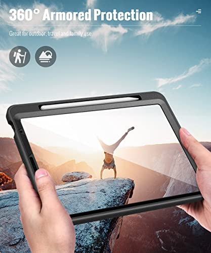 MoKo Case for iPad Air 5th Generation 2022/ iPad Air 4th Generation 2020 10.9 Inch with Pencil Holder, Kickstand, Built-in Screen Protector, Heavy Duty Shockproof Rugged Case for iPad Air 5/4,Black