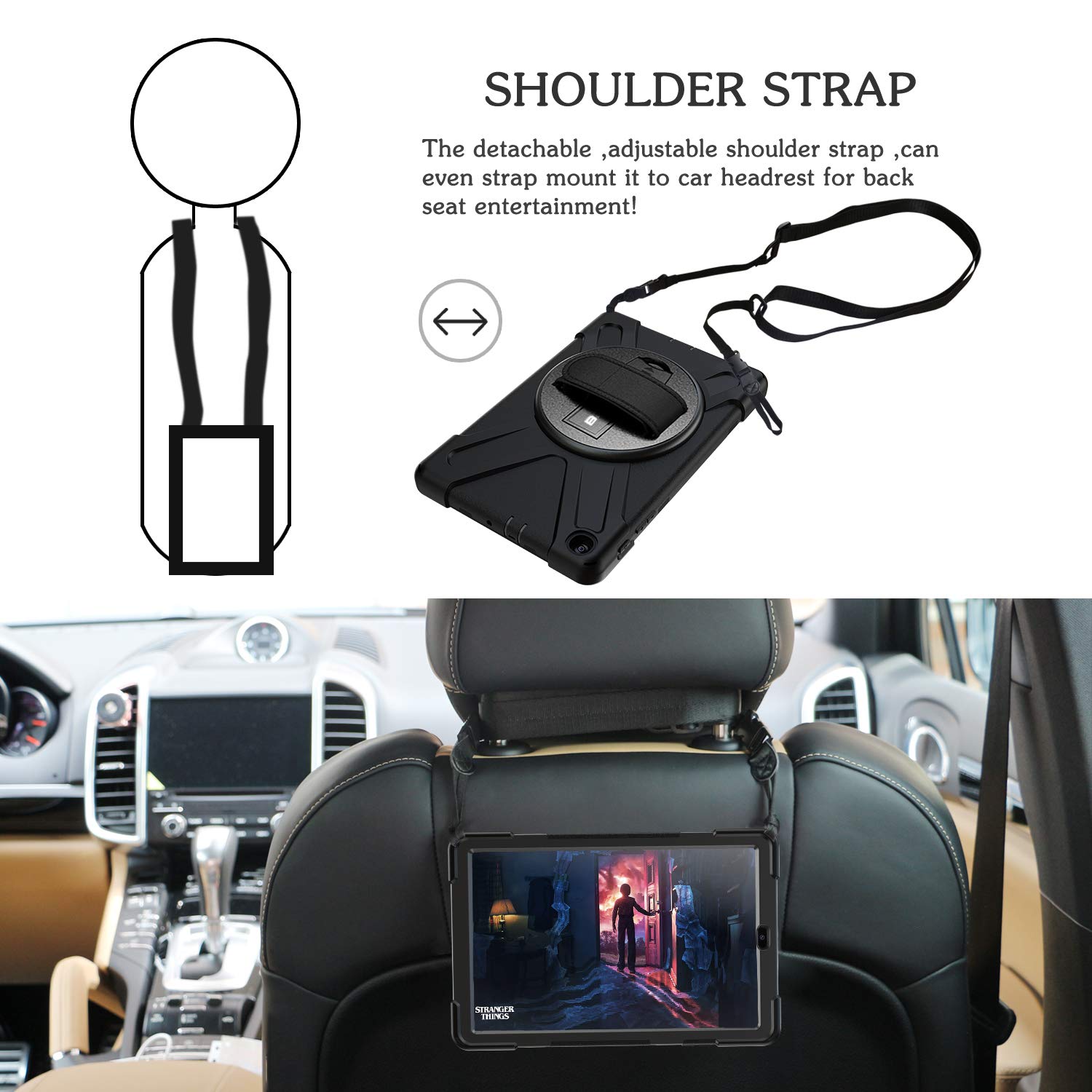 BRAECN for Galaxy Tab A 10.1 2019 Case, Heavy Duty Shockproof Rugged Case with 360 Degree Rotating Hand Strap/Stand and Shoulder Strap for Samsung Tab A 10.1 SM-T510/T515 2019 (Black)