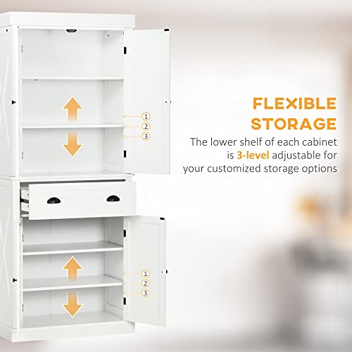 HOMCOM Freestanding Modern Farmhouse 4 Door Kitchen Pantry Cabinet, Storage Cabinet Organizer with 6-Tiers, 1 Drawer and 4 Adjustable Shelves, White