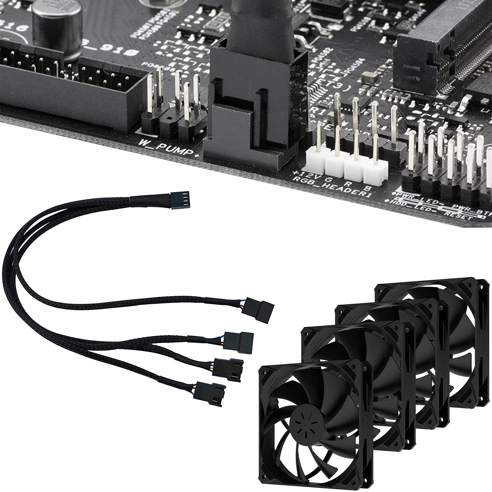 novonest PWM Fan Splitter, 1 to 4 Cable Sleeved Braided Y Splitter,Fan Extension Cable(2 Packs) with 4-pin Adapter, Suitable for All 3-pin and 4-pin Pc Fans,FH-4