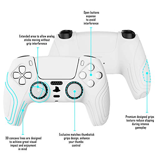 eXtremeRate PlayVital Samurai Edition White Anti-Slip Controller Grip Silicone Skin for ps5, Ergonomic Soft Rubber Protective Case for ps5 Controller with White Thumb Stick Caps