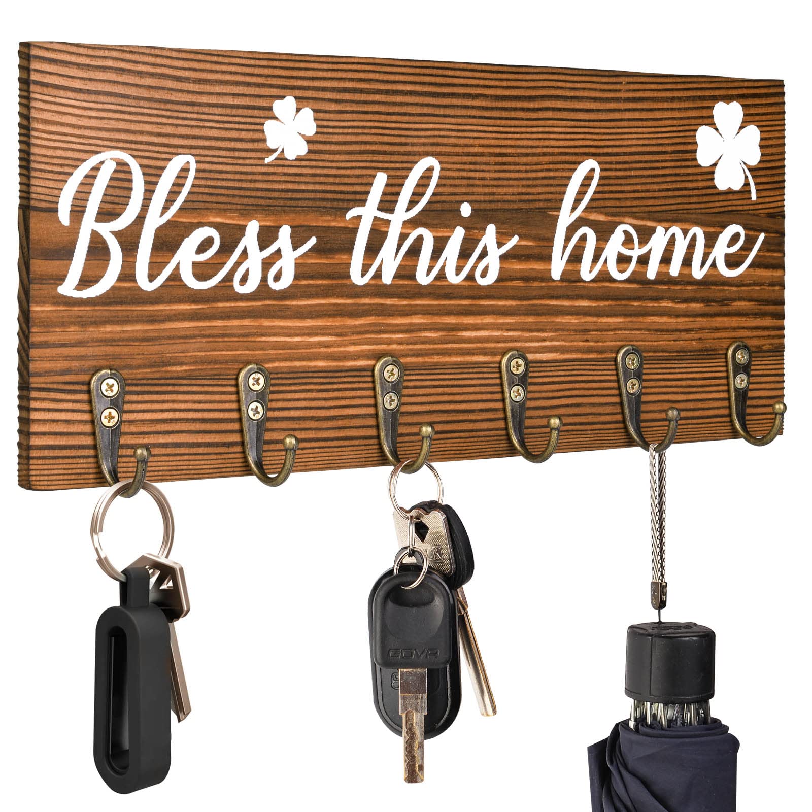 AHYS Key Holder Wall Mount Rustic Bless This Home Wall Decor Key Holder for Wall Key Hanger Key Rack with 6 Key Hooks Wall Key Holder for Entryway Living Room Bedroom - Brown
