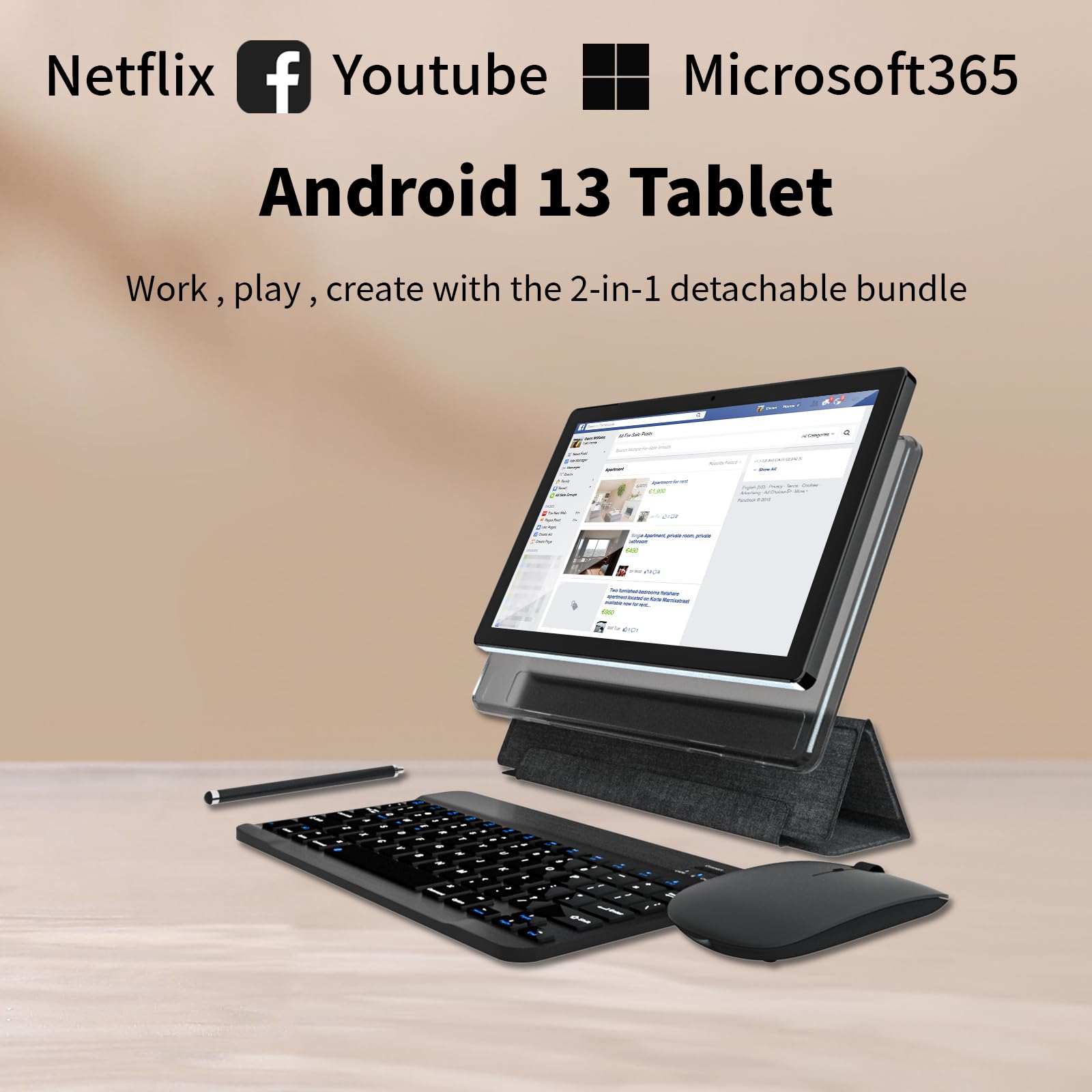 2023 New 2 in 1 Tablet PC, 10inch Android 13 Tablet with Keyboard, 8GB+128GB, Case, Mouse, Stylus, Quad Core 2.0GHz , HD Touch Screen, Dual Camera, Dual Wi-Fi6 , Bluetooth, Tableta PC