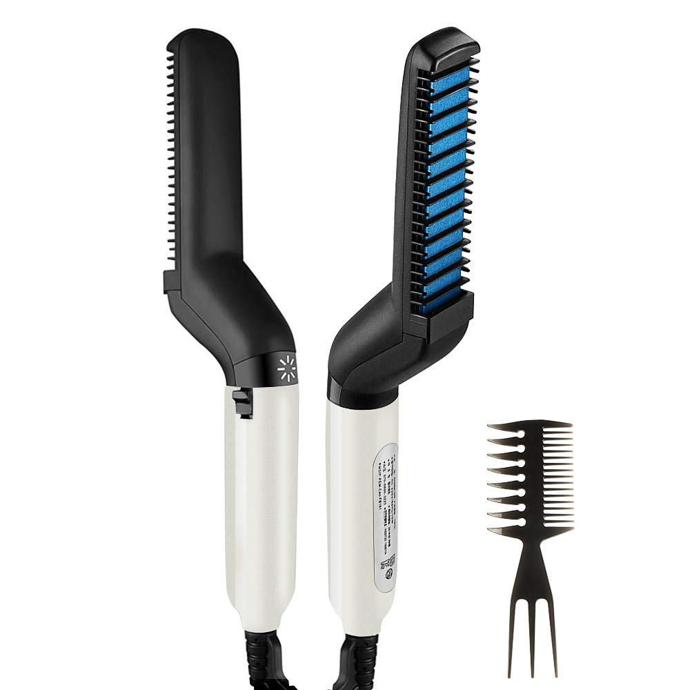 Beard Straightener for Men-Electric Hot Beard Straightener Brush Multifunctional Beard Hair Straightening Comb with 30S Fast Heating and Anti-Scald Feature Great for Home Travel (Blue)