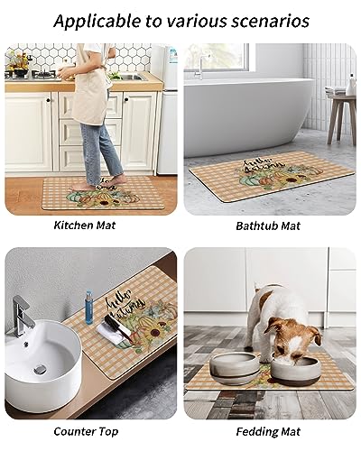 Bathroom Floor Shower Mat, Non-Slip Small Rugs - Easy to Clean, Hello Autumn Thanksgiving Pumpkin Sunflower Daisy Pattern Durable Bath Rug 20"x32" Washable Quick Dry Mats for Bathtubs